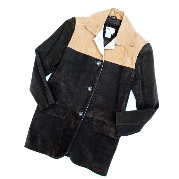 Vintage | Jackets & Coats | Vintage Leather Color Block Brown Tan Coat ...